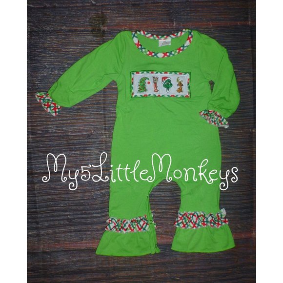 One Pieces | Boutique Grinch Stole Christmas Baby Girls Embroidered Ruffle Romper Jumpsuit ...